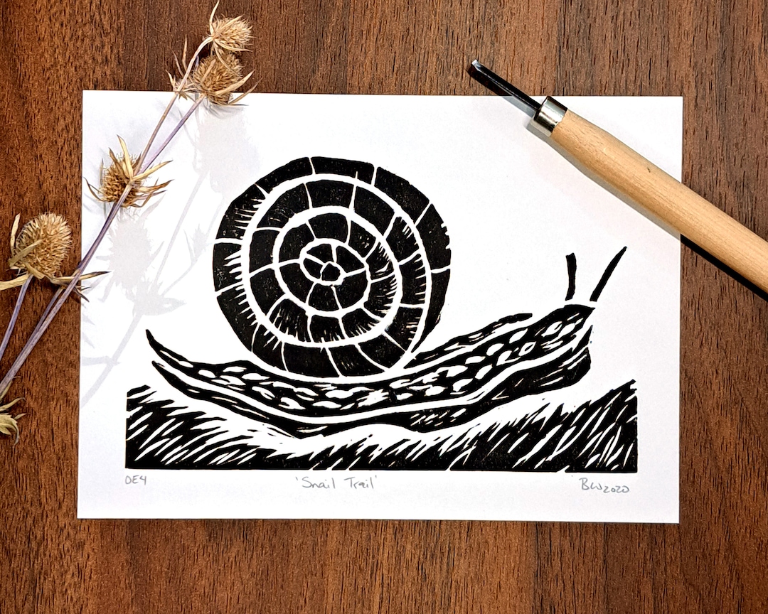 Snail Linocut Print Handcrafted Rustic Nature Wall Decor Unique Snail ...