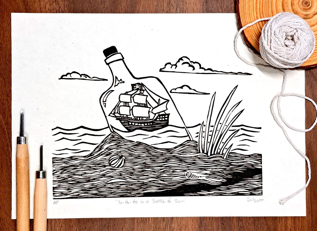 Pirate Ship and Rum Bottle Linocut Print Nautical Wall Art Handcrafted ...