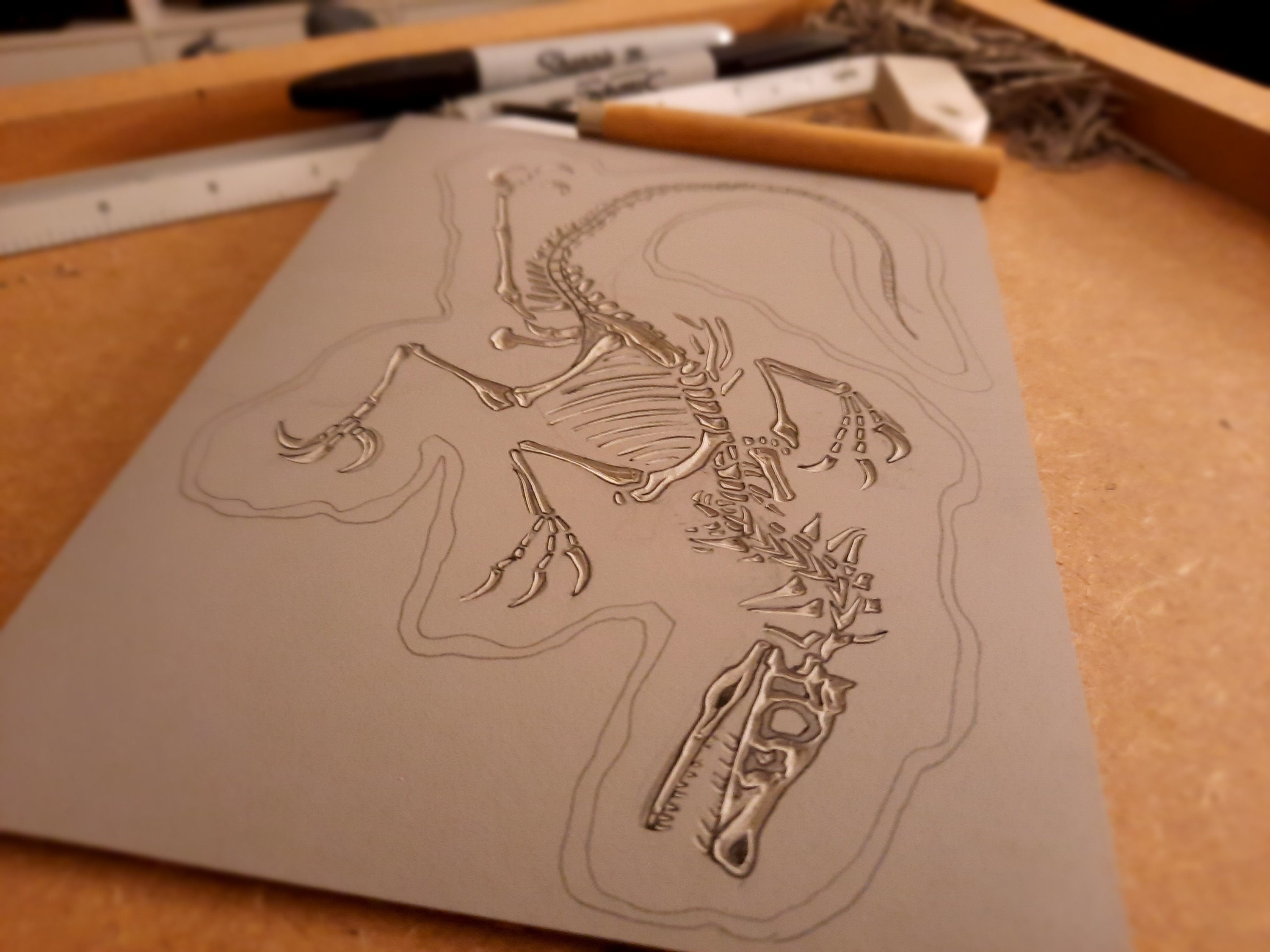 Raptor Fossil Linocut Print Dinosaur Skeleton Wall Art Palaeontology ...