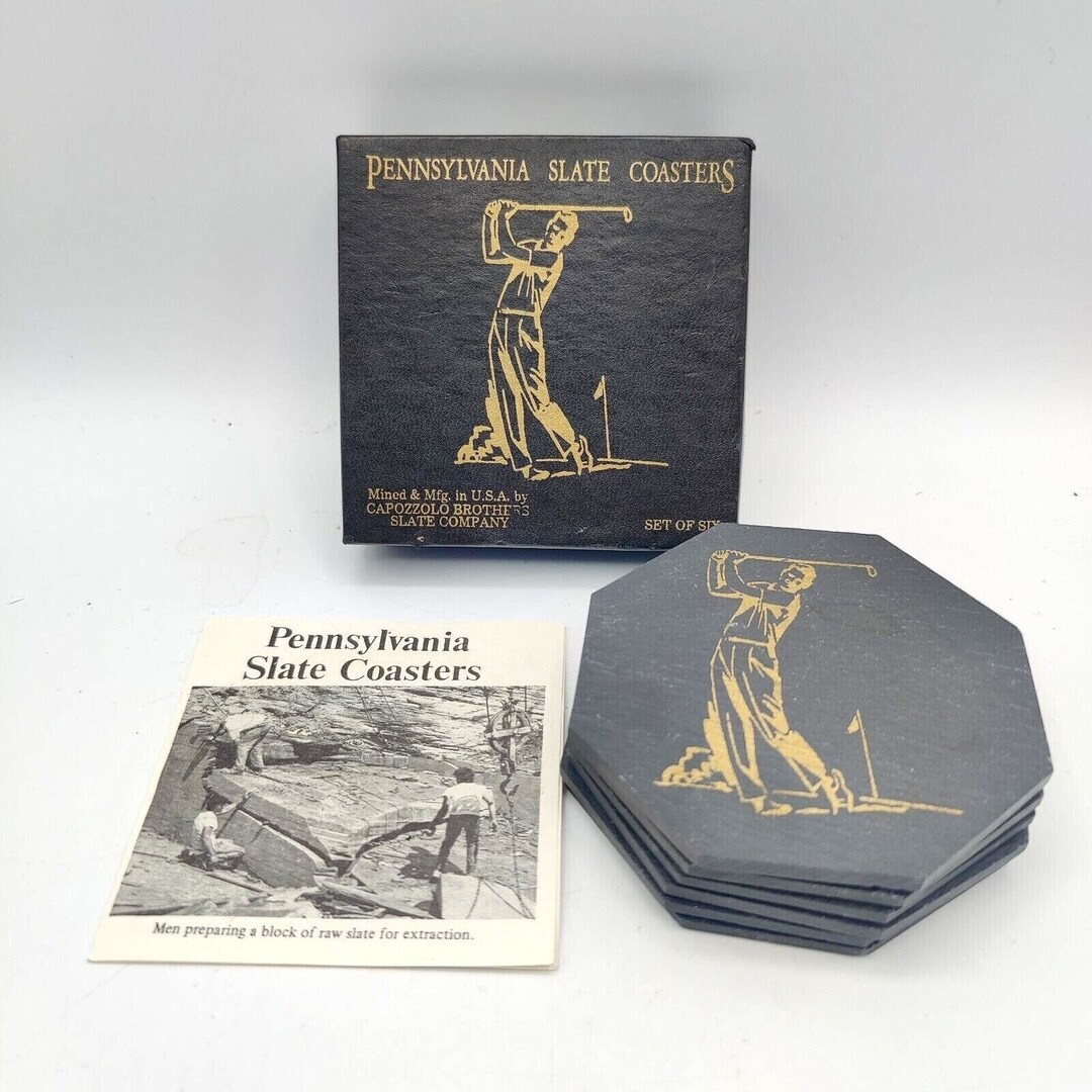 Golf Slate Stone Coasters Vintage Set of 6 Barware Gift for Golfer Made ...