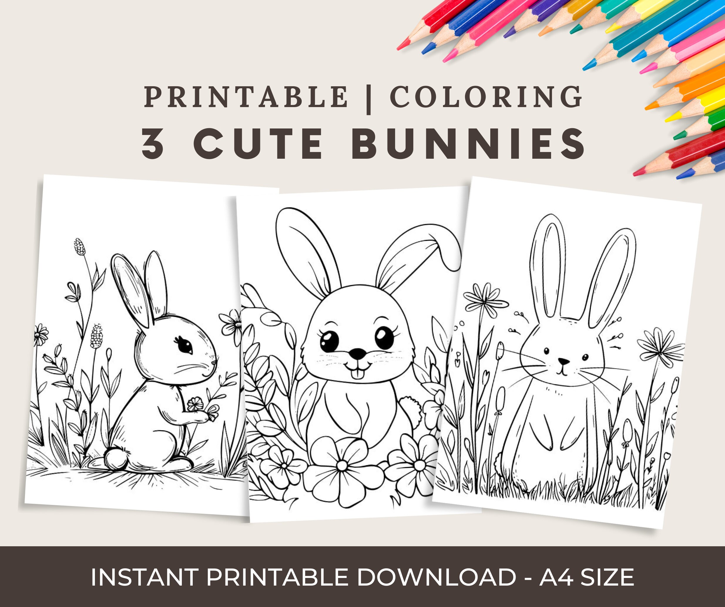 Printable Kids Coloring Pages Cute Bunnies Bundle Set of 3 Sweet ...