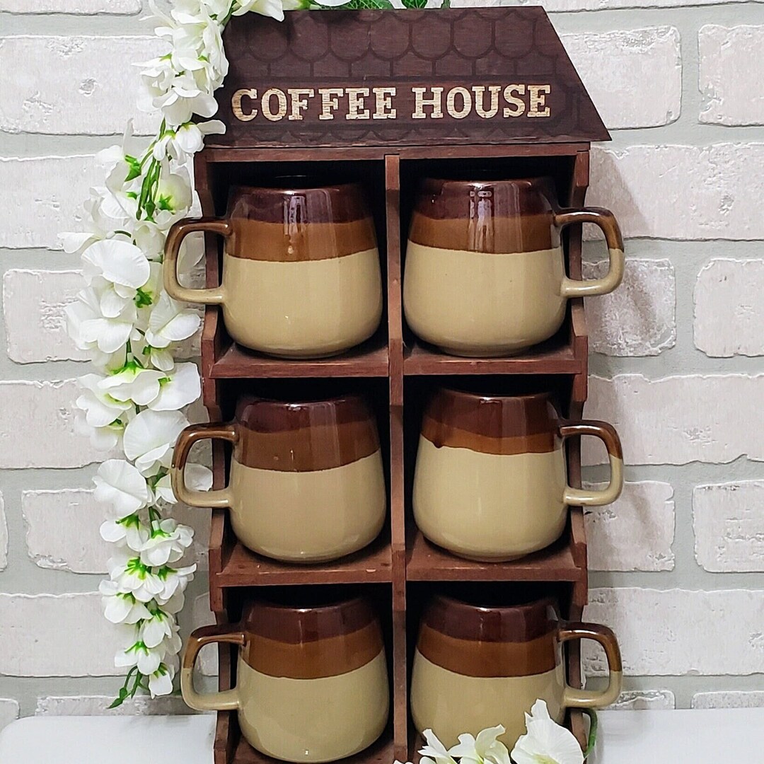 Retro Ceramic Coffee Mug Set, Vintage Wood Cup Display Cabinet, Home ...