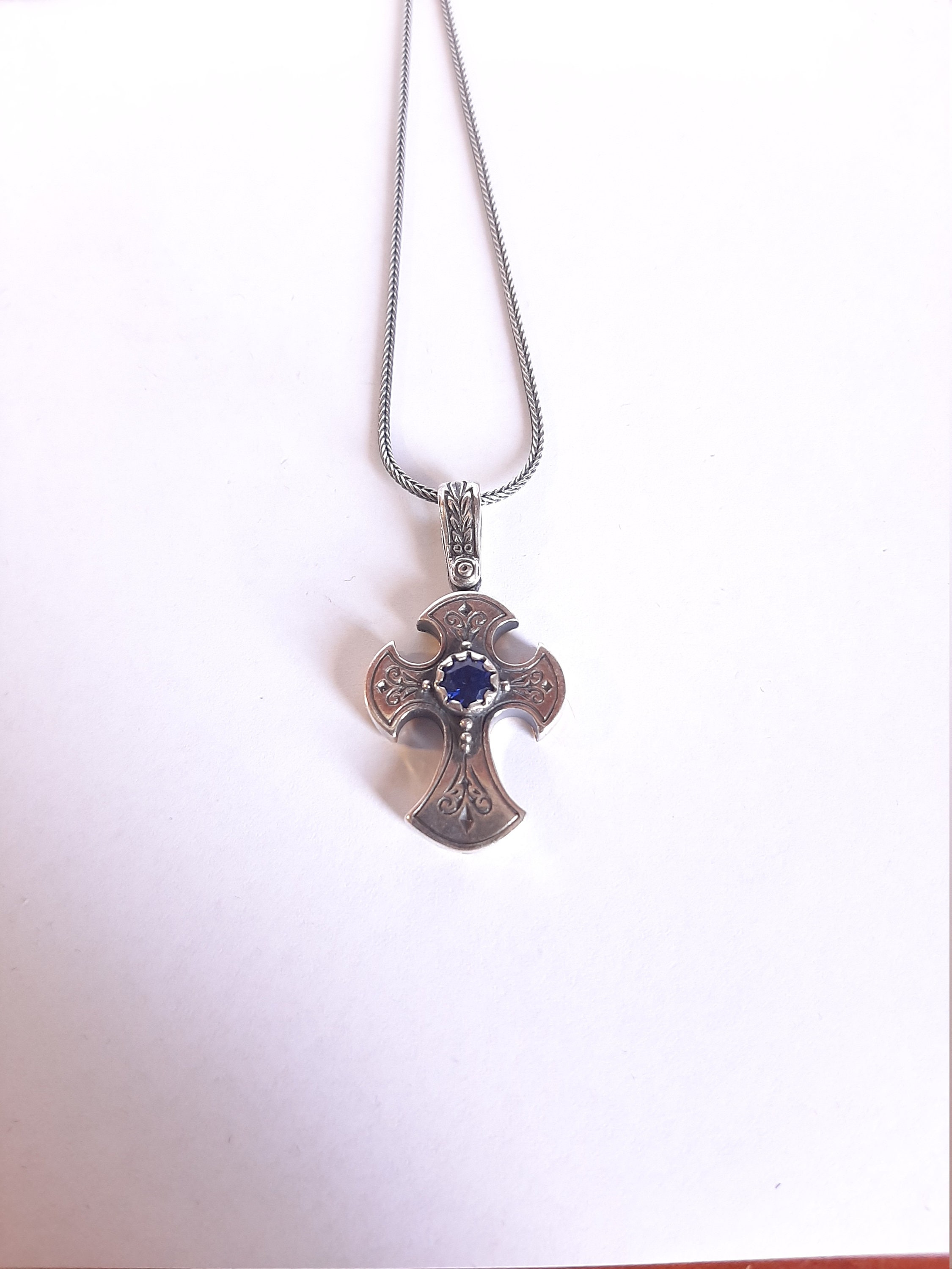 Byzantine cross pendant Blue glass sapphire gemstone | Etsy