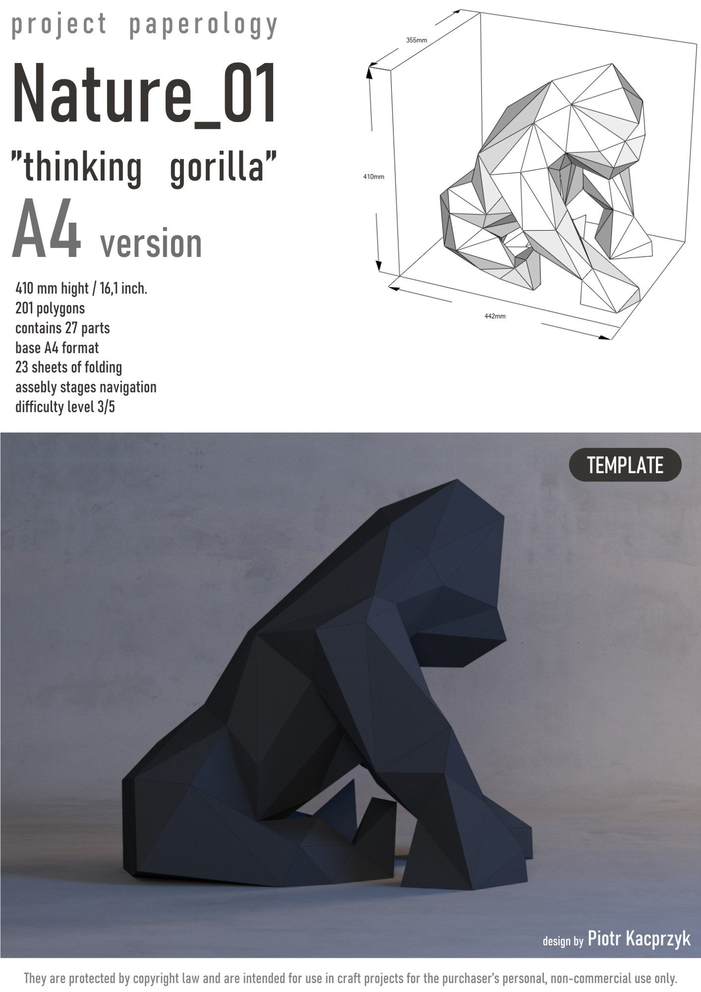 Paper Gorilla, Papercraft, Digital Template, Origami, PDF Download DIY ...