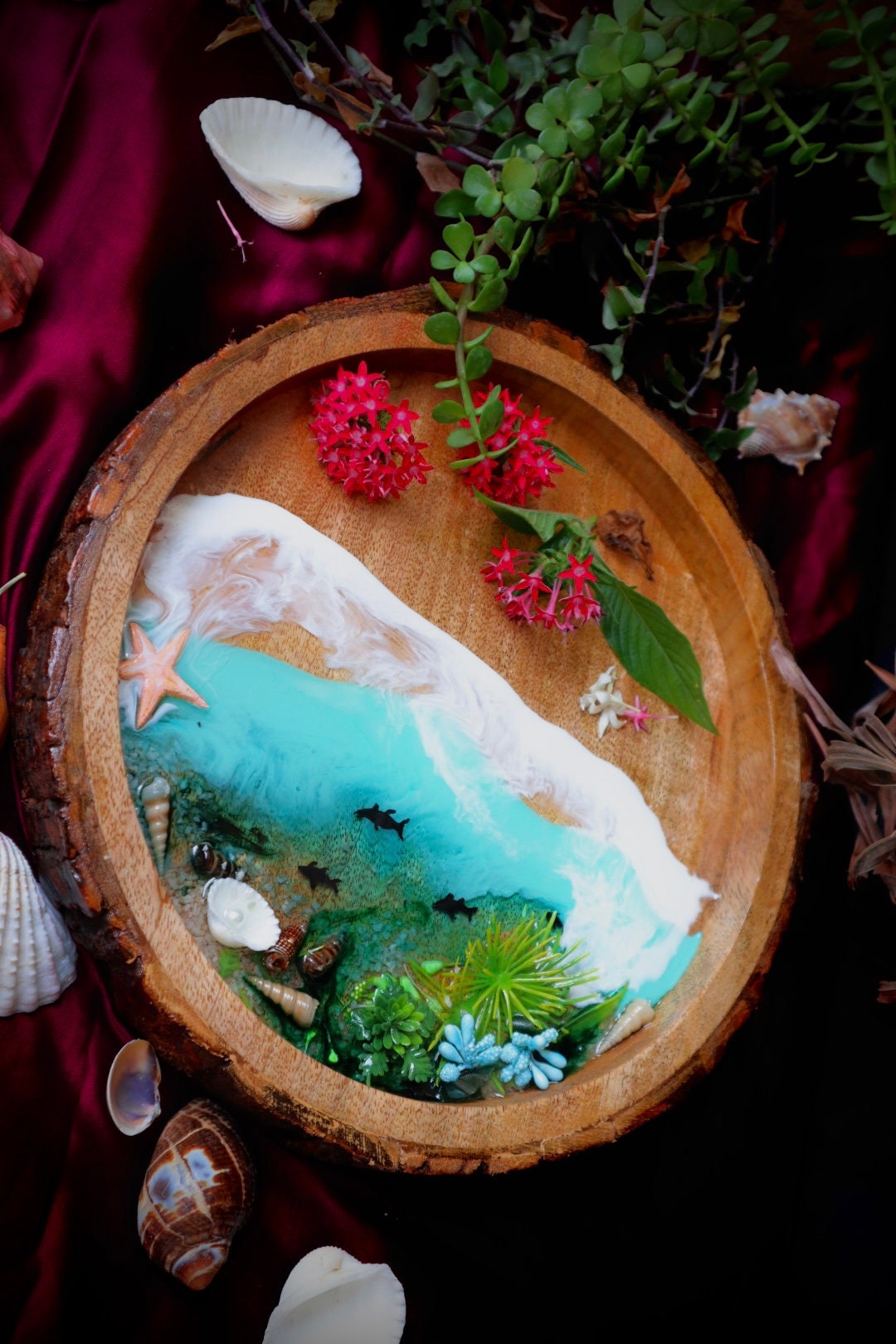 Epoxy Wooden Circular Tray coral Theme Resin Tray Beach - Etsy