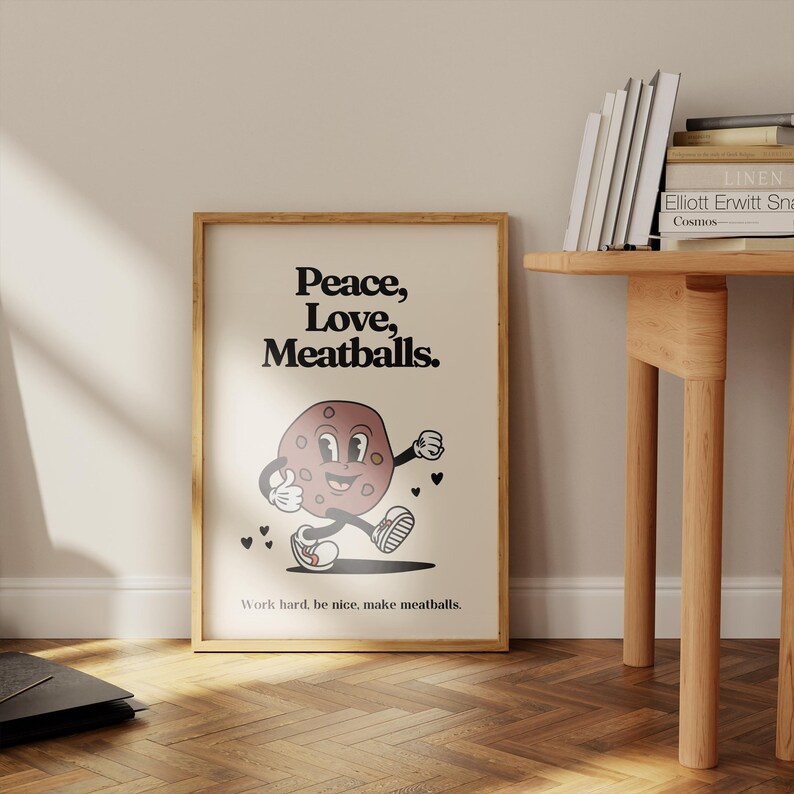 Meatball Retro Print, Kitchen Wall Art, 70's Cartoon Character ...