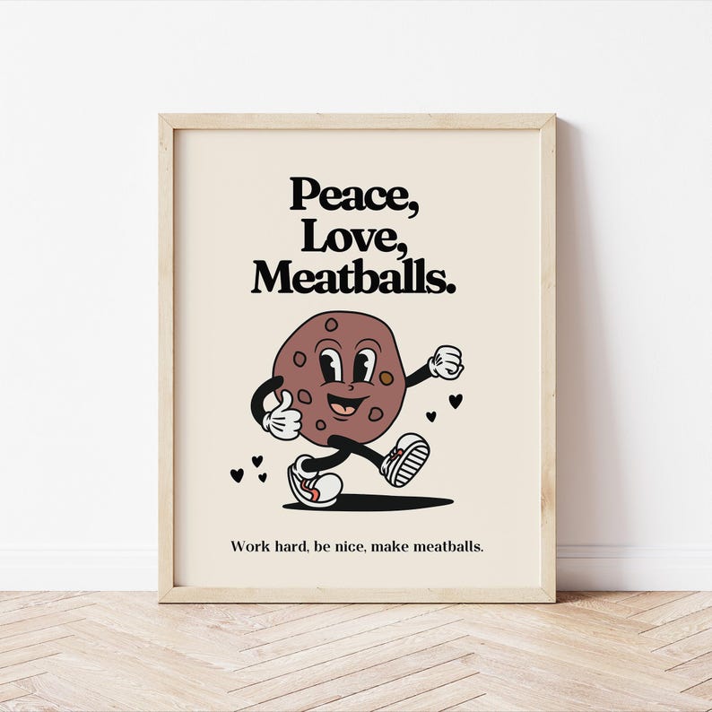 Meatball Retro Print, Kitchen Wall Art, 70's Cartoon Character ...