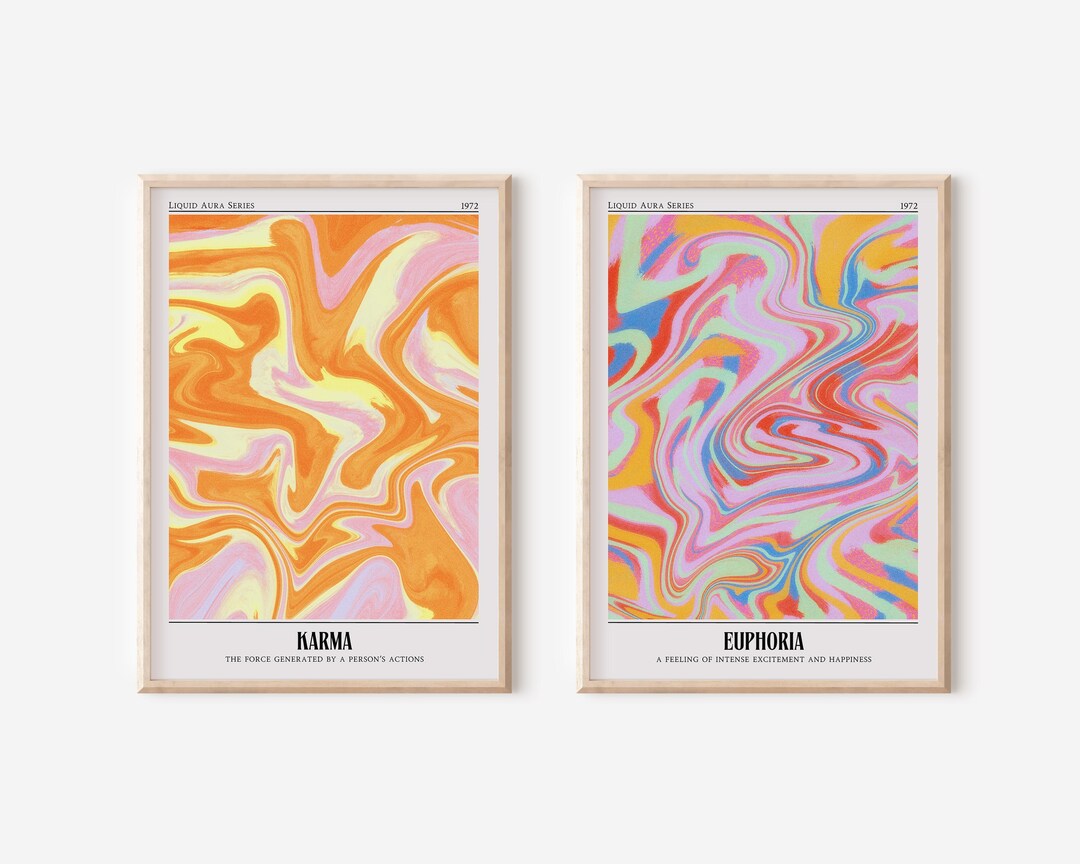 Hippie 70's Retro Wall Art, Karma & Euphoria Abstract Prints ,colorful ...