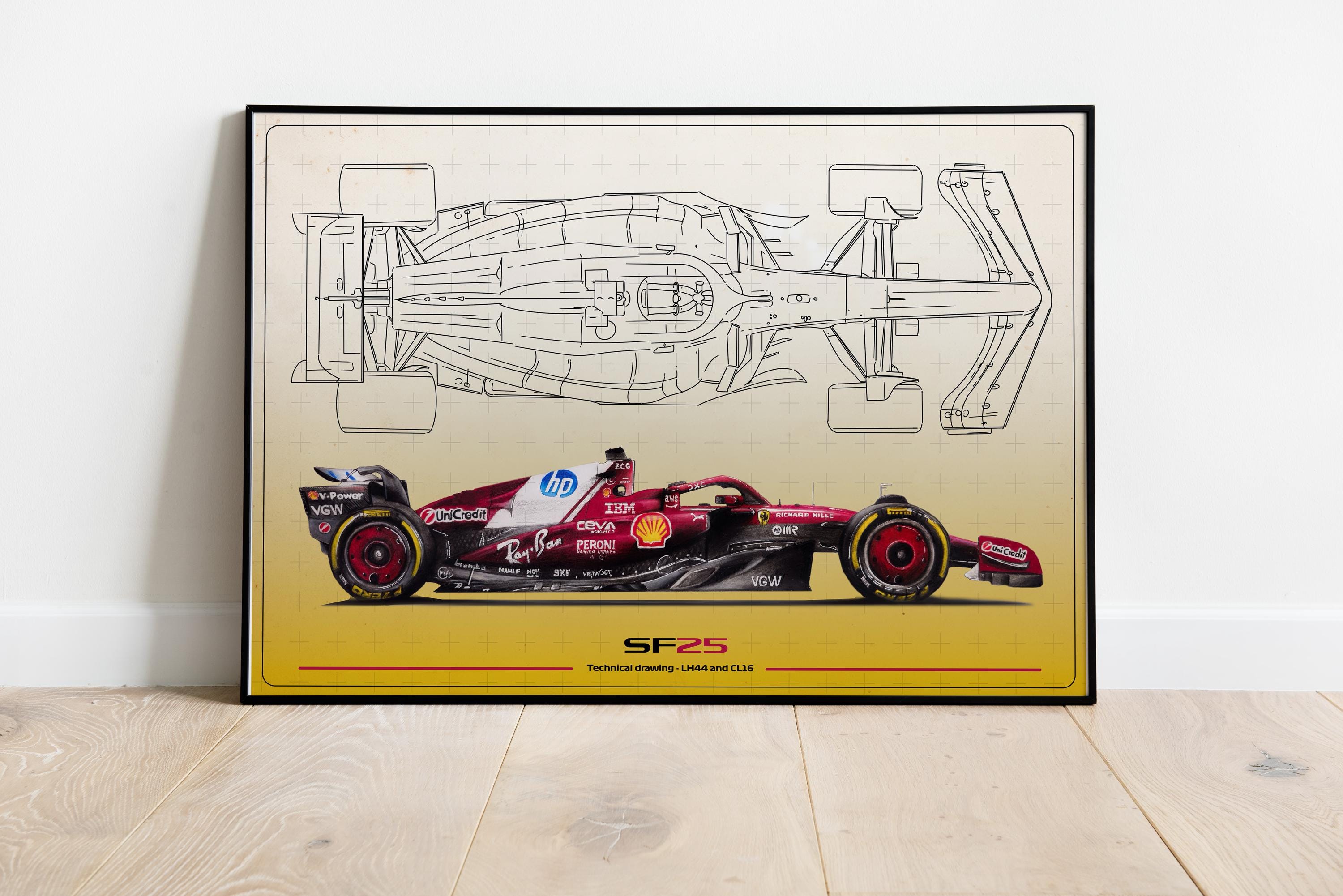 SF-25 Ferrari F1 Technical Blueprint Drawing – Leclerc and Hamilton ...