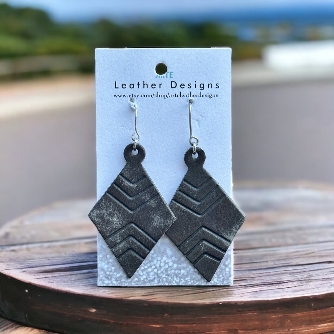Chevron Embossed Leather Earrings, Gray Leather Earrings, Chevron ...
