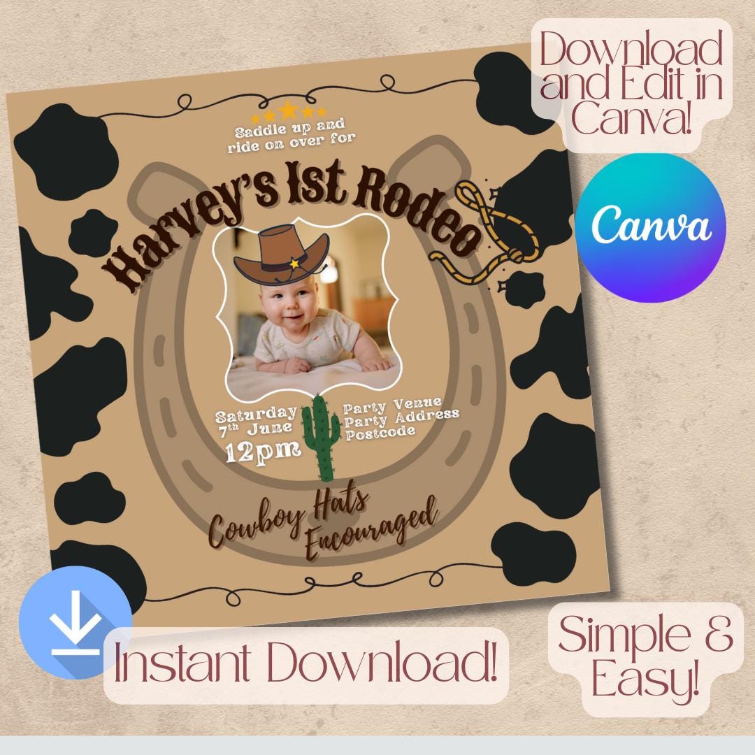 First Rodeo Party Invitation Template | Personalised Editable Cowboy ...