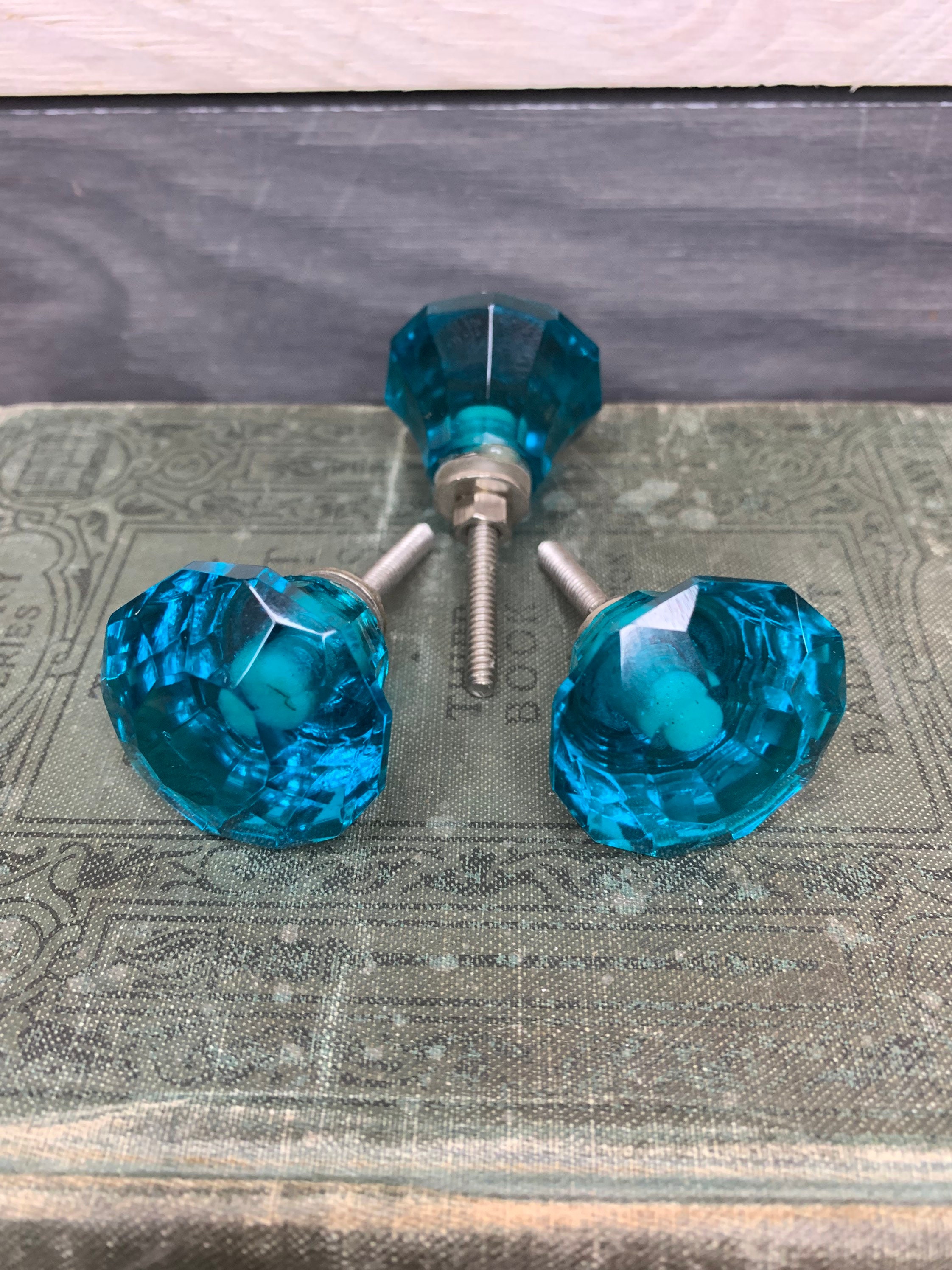 Turquoise Flare Cut Glass Knob, Blue Cut Glass Knob, Glass Knob Dresser ...