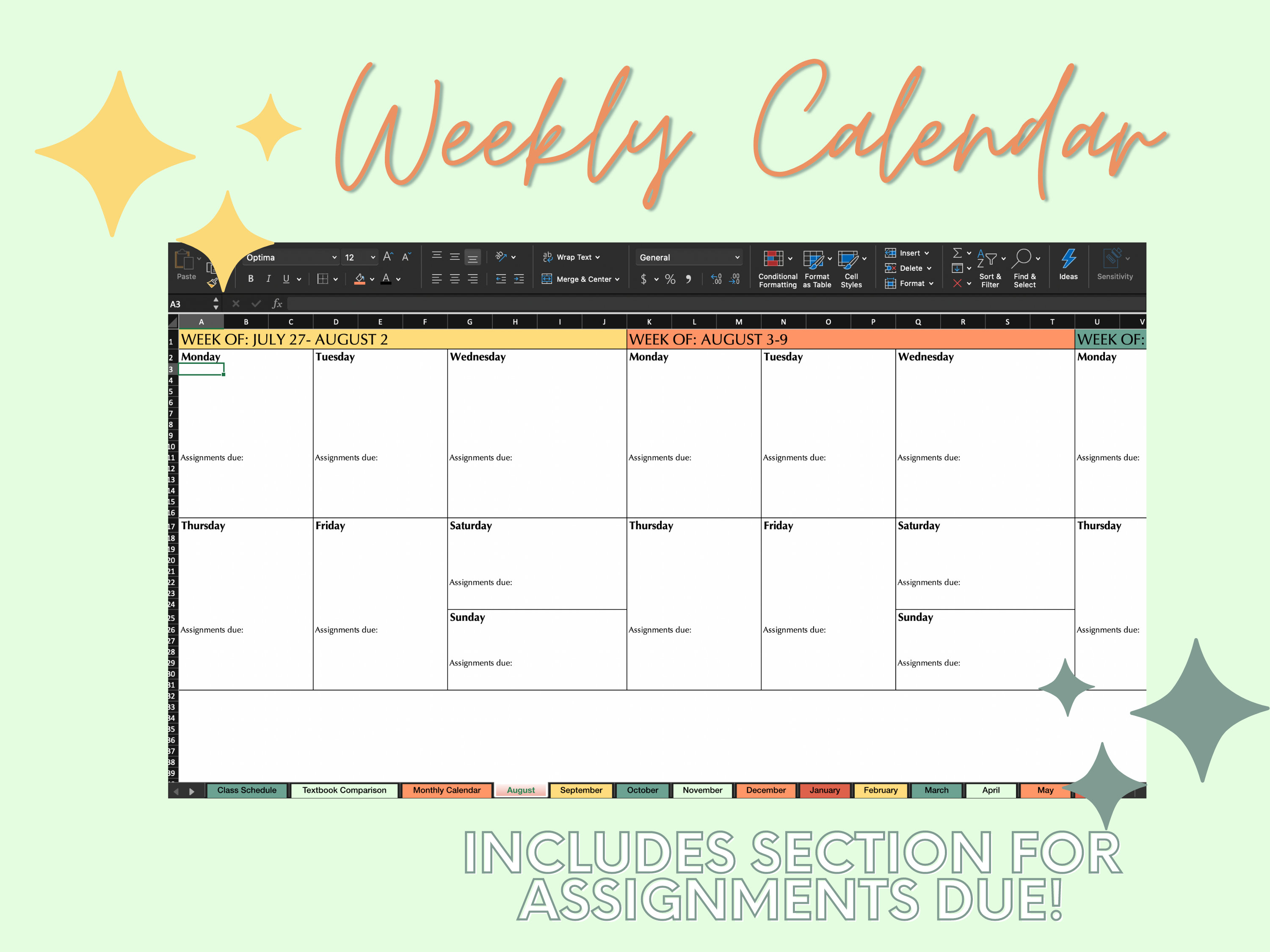 Printable Academic Excel Calendar - Etsy