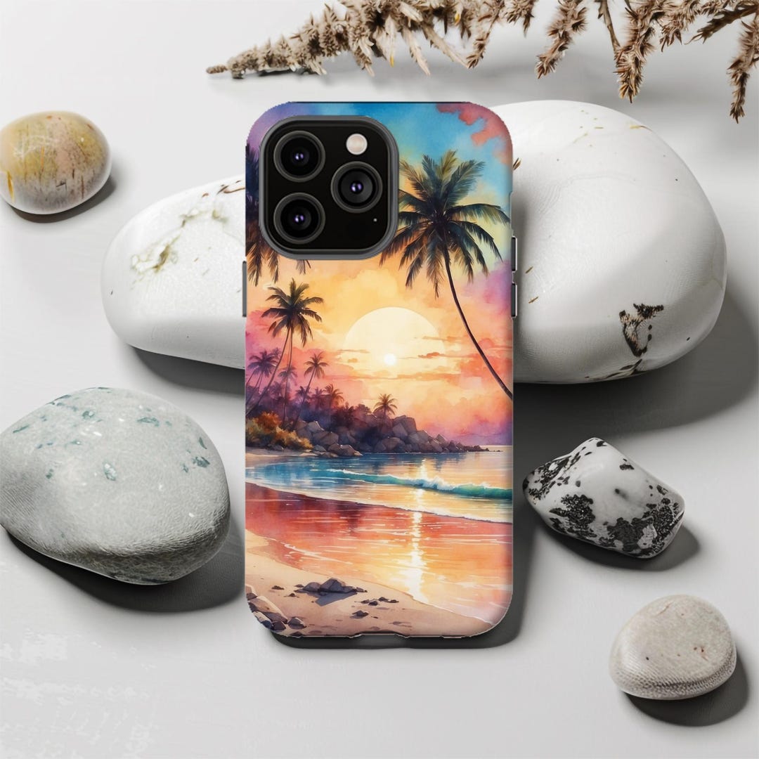 Tropical Paradise Phone Case, Tough Phone Case, Vibrant Beach Sunset ...