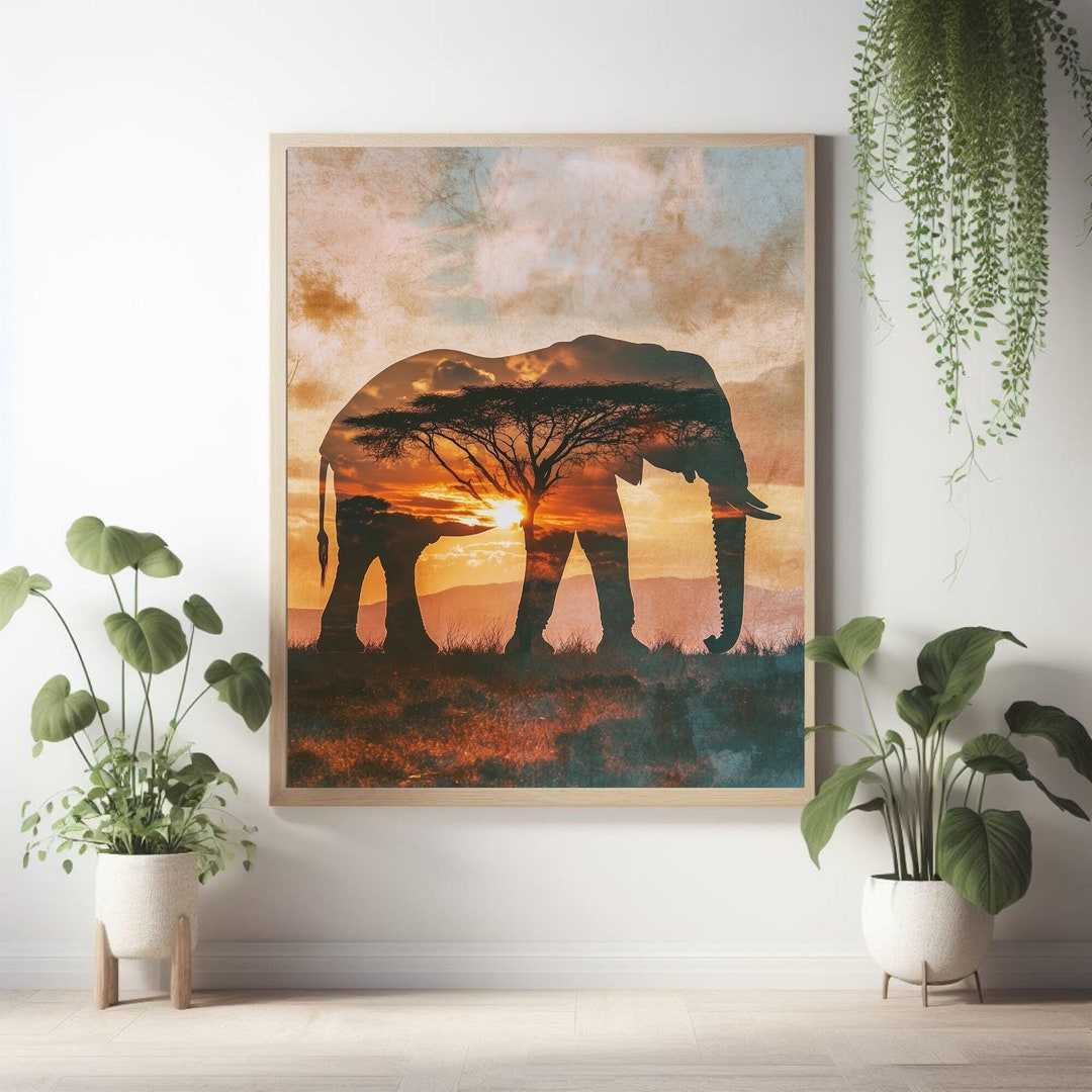 Elephant Safari Sunset Poster, Double Exposure Wildlife Art Print ...