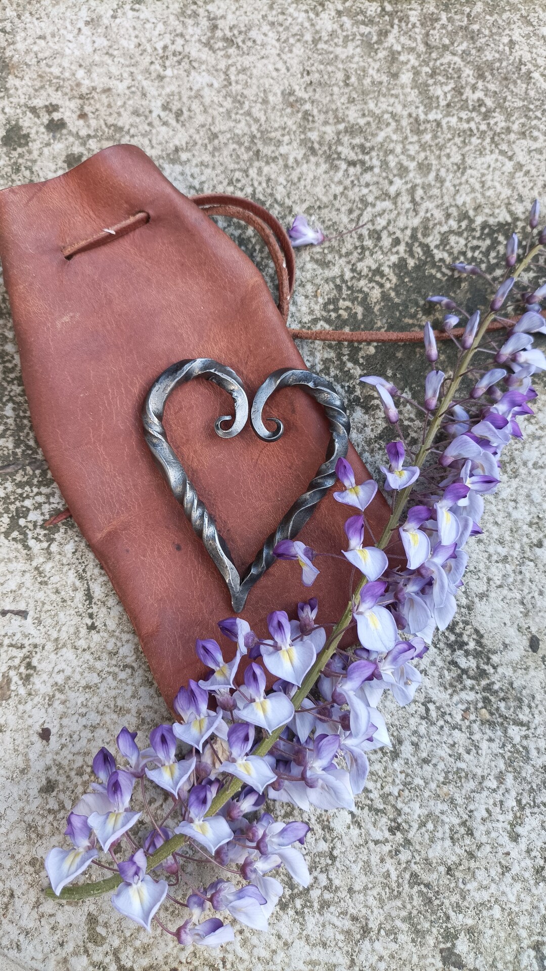 Hand Forged Heart Spiraled Pendant,large Heart Charm and Leather Pouch ...