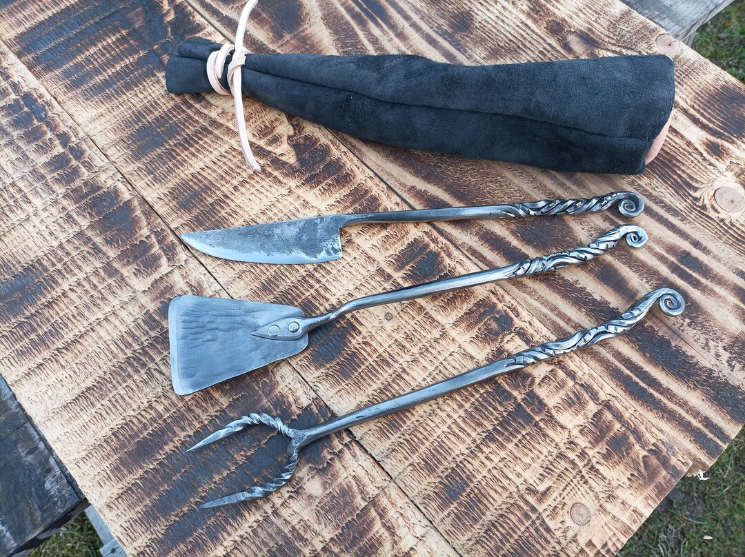 Three Piece Grill Set, Forged BBQ Tools, Decorated Grill Utensils, Hand ...