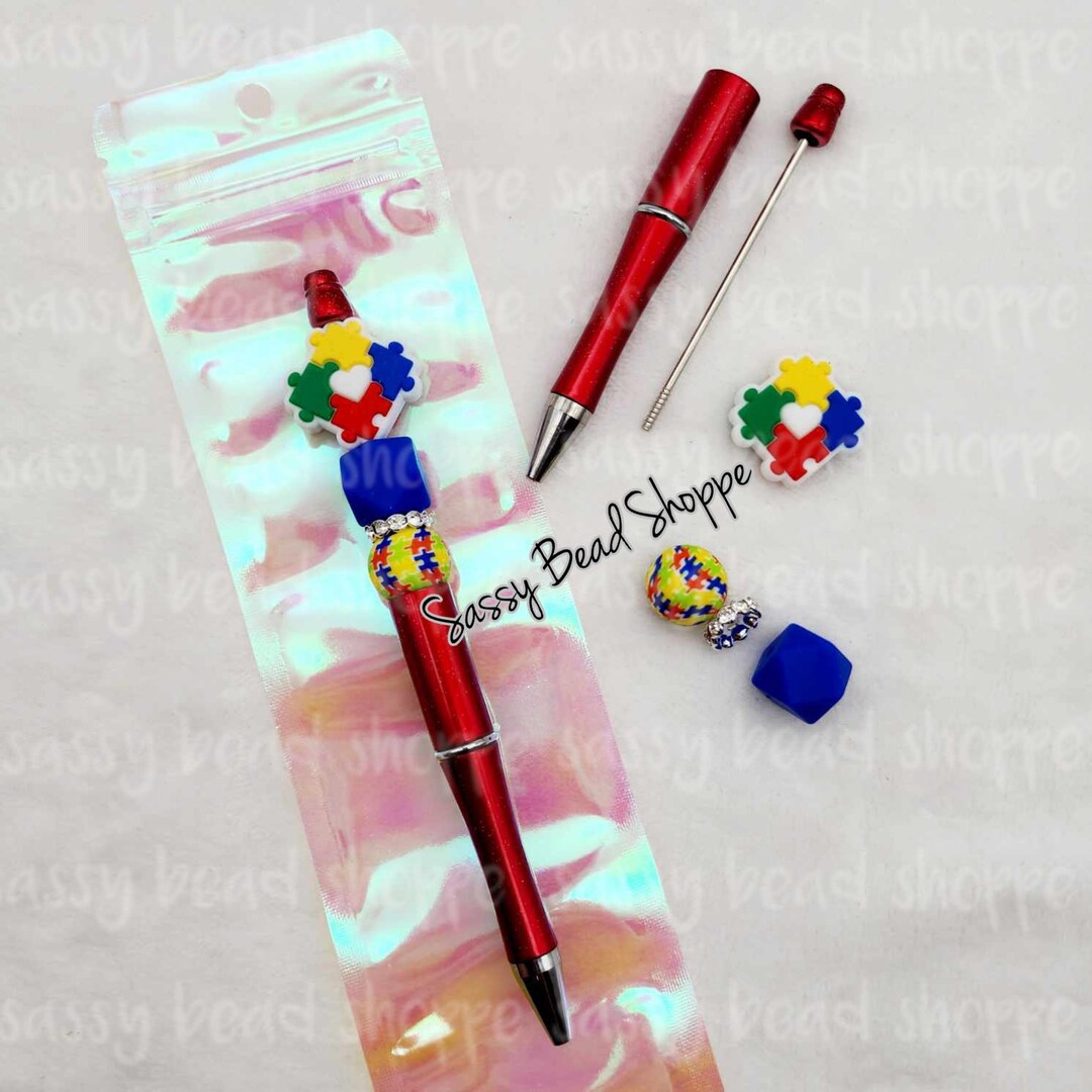 Autism Awareness Beadable Pen Kit, Puzzle DIY Bubblegum Bead PLASTIC ...