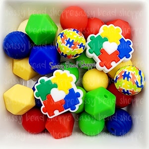 Autism Love Silicone Bead Mix, Set of 26, 2 Puzzle Piece Focal Beads ...