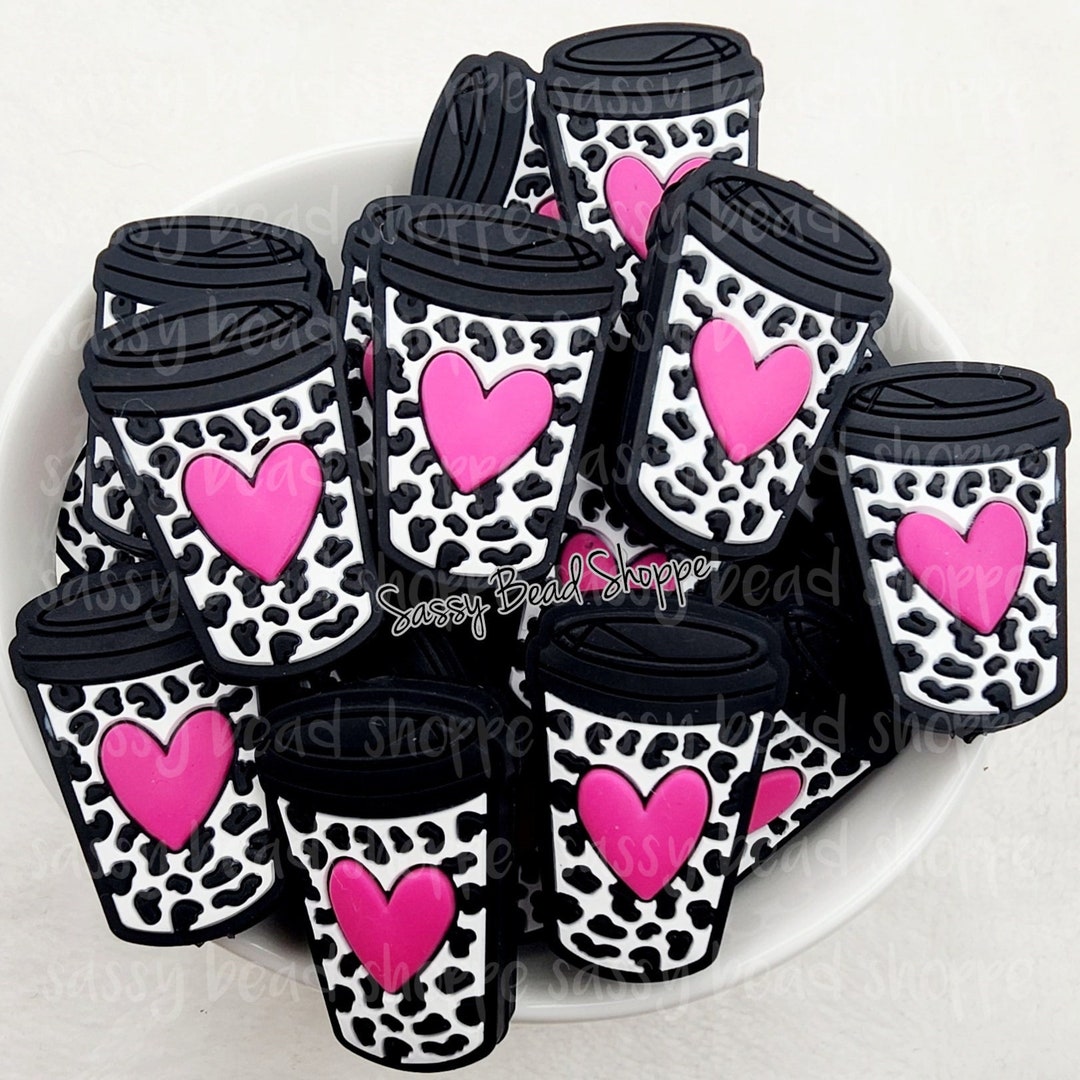 Black With Pink Heart Coffee Cup Silicone Beads, Coffee Cup Focal Bead ...
