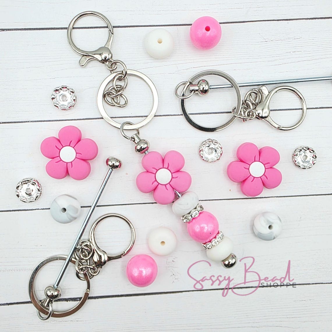Pink Sparkle Keychain Kit, Flower Beadable Key Chain, Beaded Keychain ...