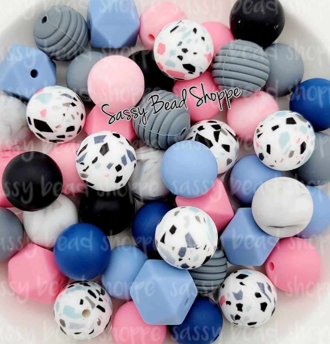 Ocean Breeze Silicone Bead Mix, Terrazo, Pink, Grey , Round, Set of 24 ...
