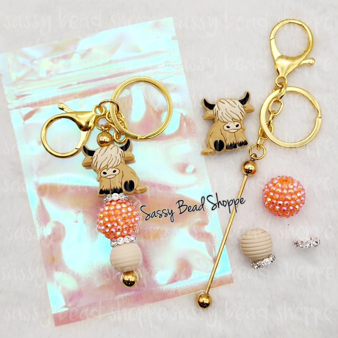 Coral Cowgirl Keychain Kit, Beadable Key Chain, Highland Cow Beaded ...