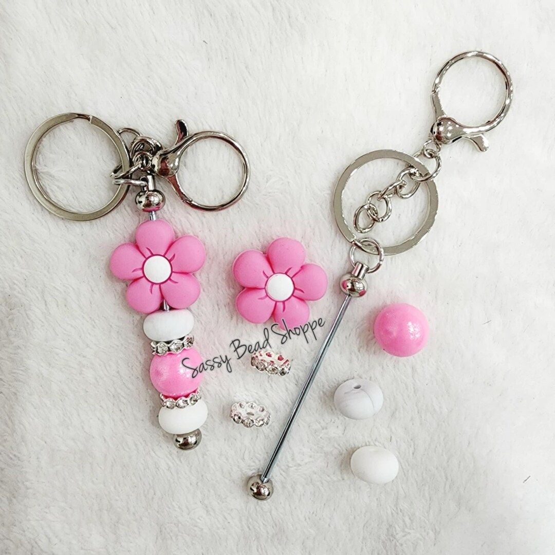 Pink Sparkle Keychain Kit, Flower Beadable Key Chain, Beaded Keychain ...