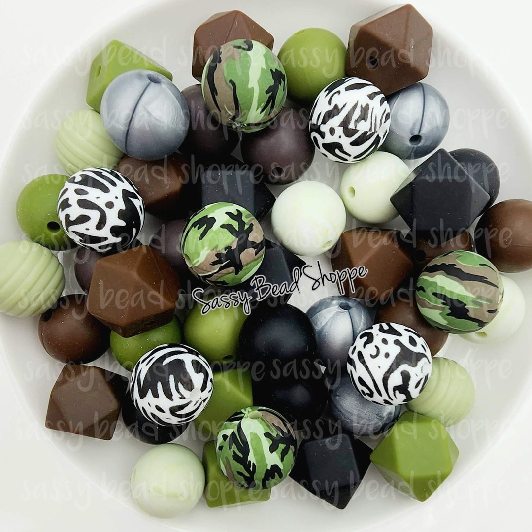 New Camo Silicone Bead Mix, Grey, Army Green, Brown, Round, Set of 24 ...