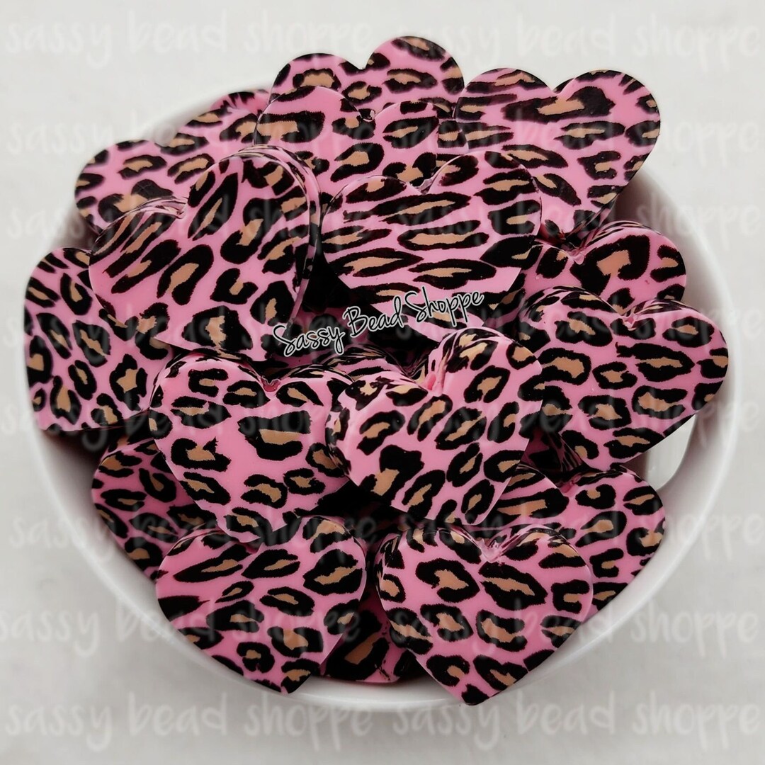 20mm Pink Leopard Heart Silcone Beads, Leopard Silicone Heart Beads ...