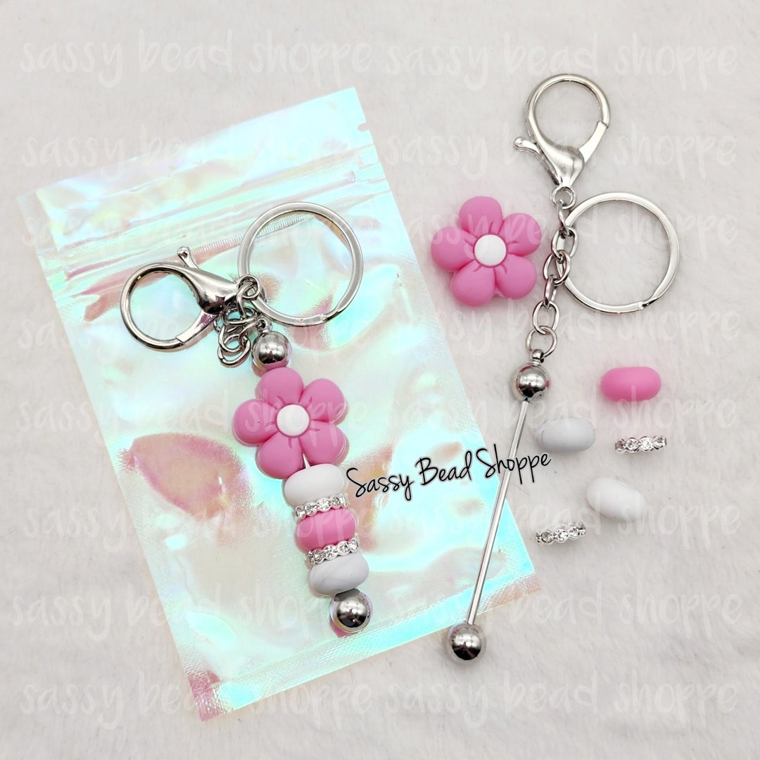 Pink Sparkle Keychain Kit, Flower Beadable Key Chain, Beaded Keychain ...
