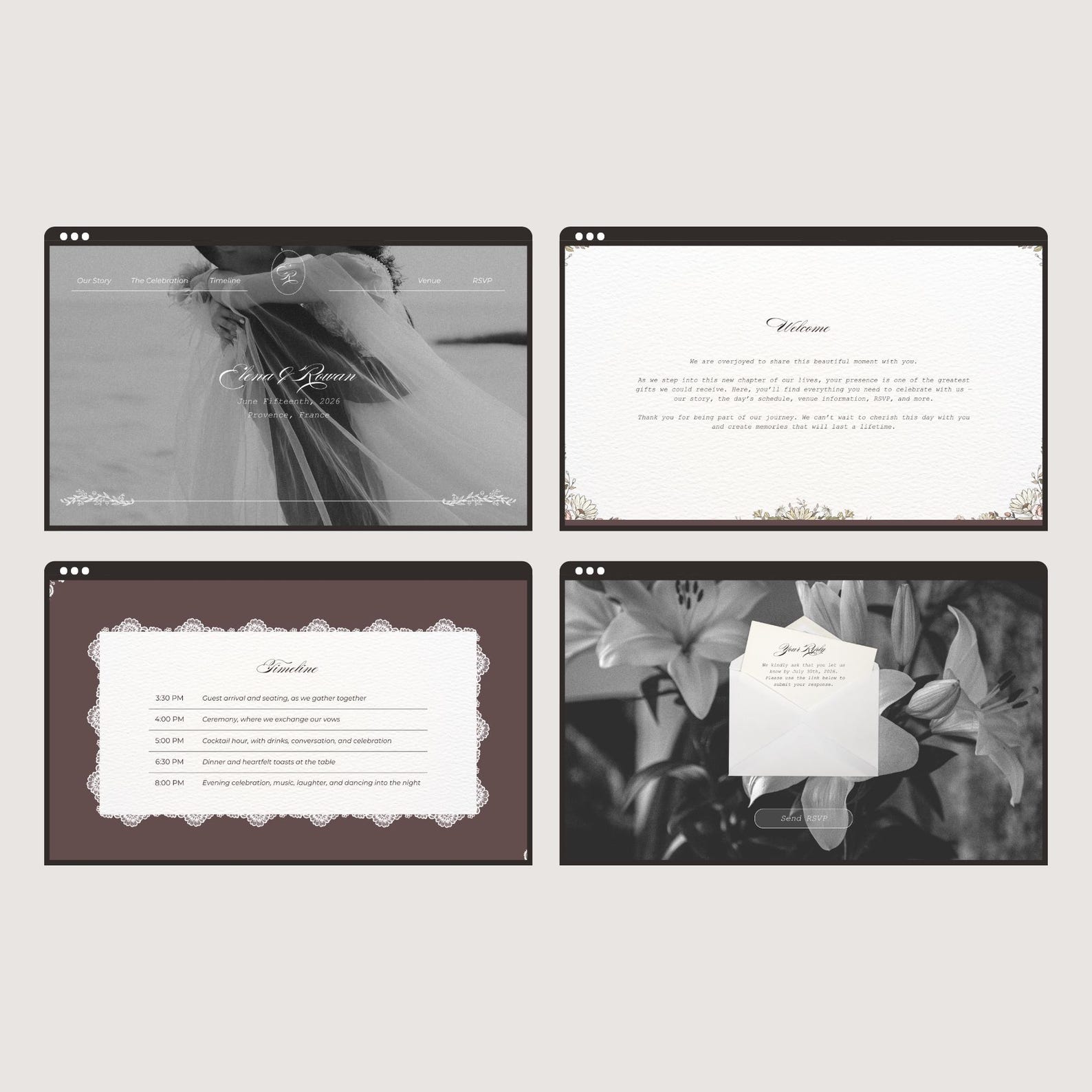 Site de casamento, modelo Canva, Save the Date, modelo de convite, RSVP ...