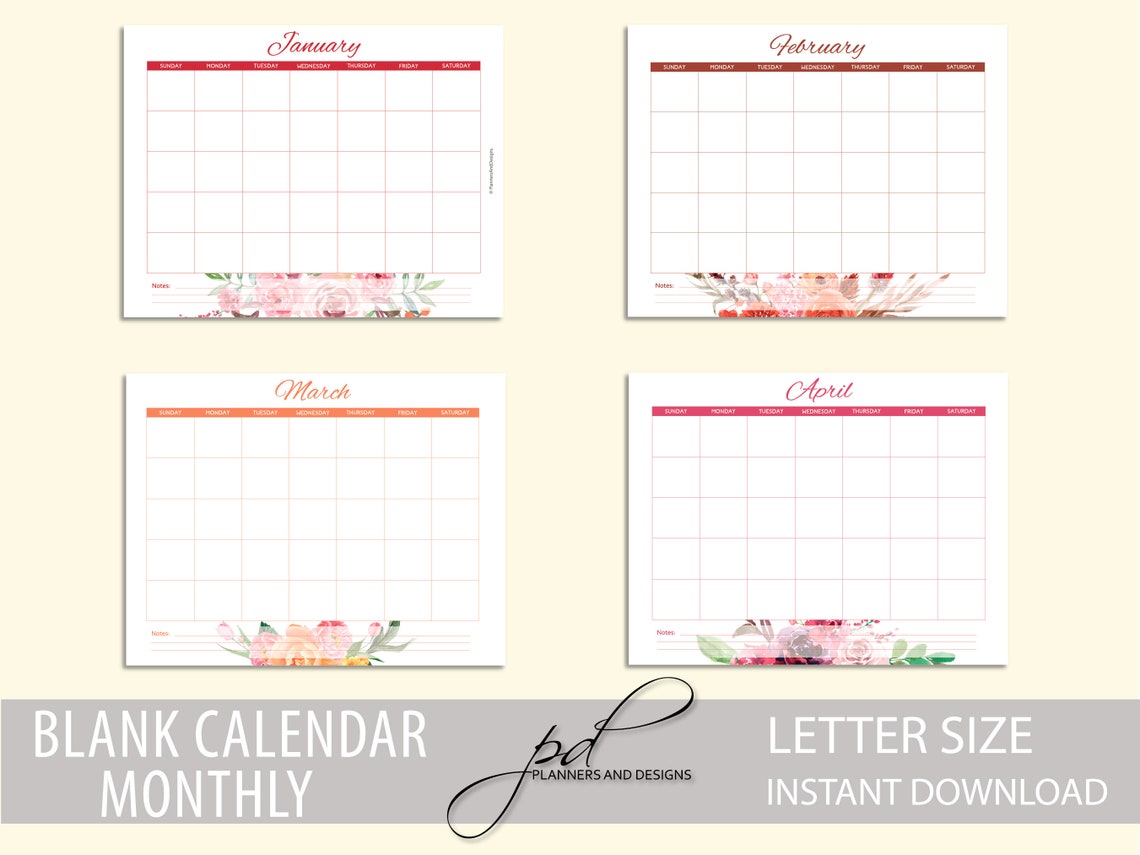 Printable Monthly Blank Calendar, Letter Size, Instant Download - Etsy