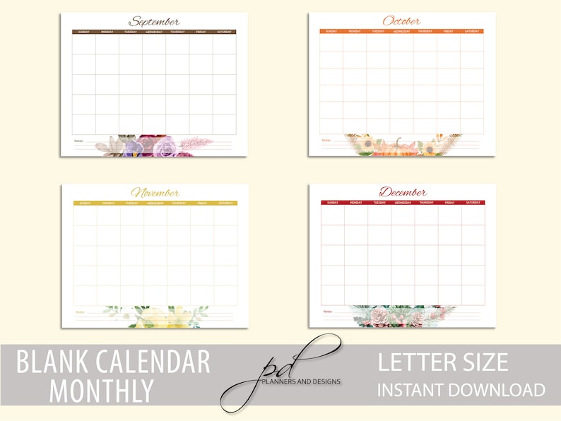 Printable Monthly Blank Calendar, Letter Size, Instant Download - Etsy