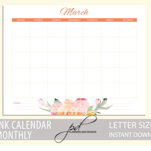 Printable Monthly Blank Calendar, Letter Size, Instant Download - Etsy
