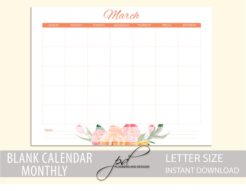 Printable Monthly Blank Calendar, Letter Size, Instant Download - Etsy