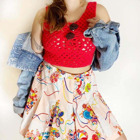 Vintage 1970s 70s Red Crochet Knit Crop Top - Gem