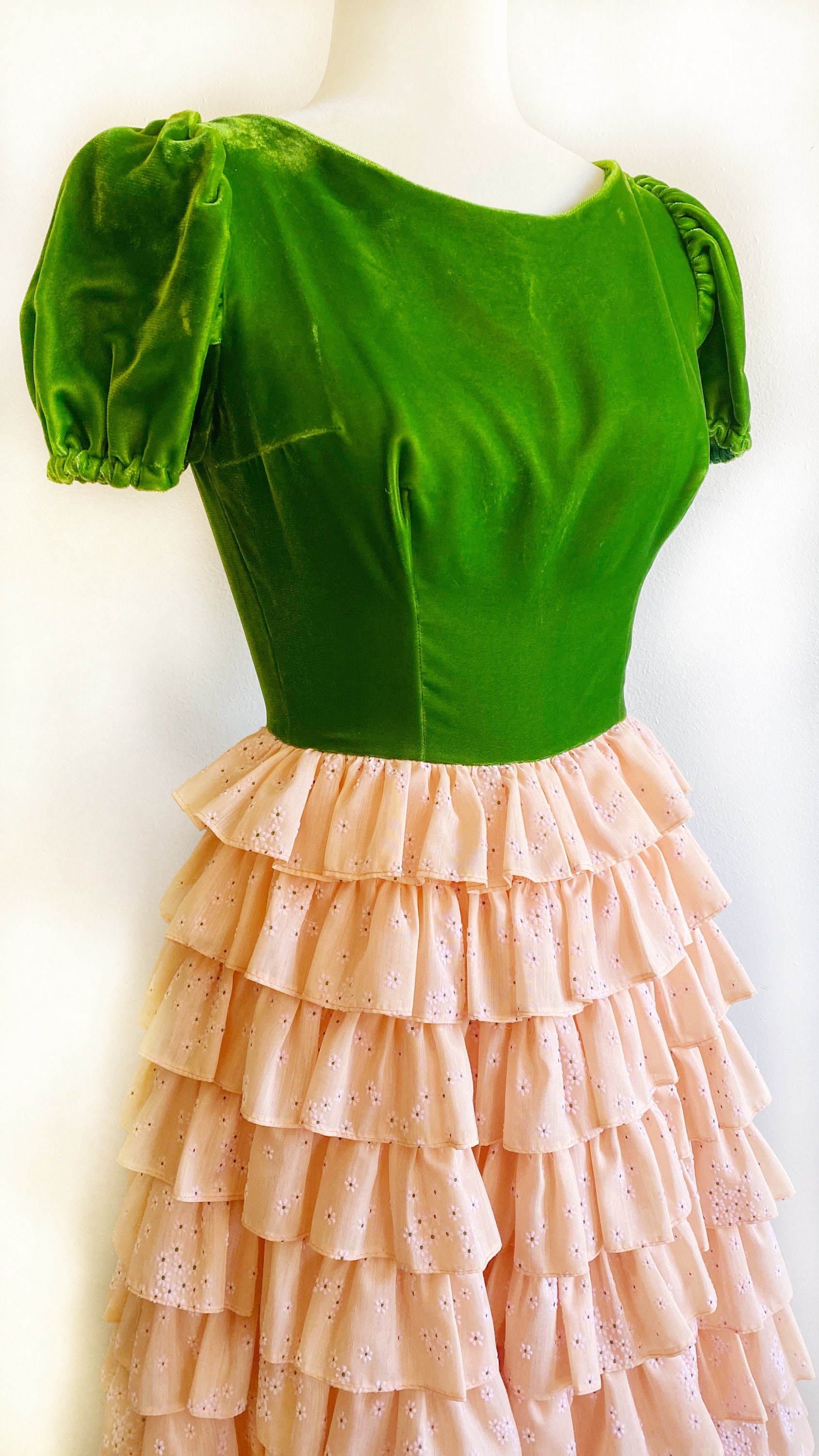 Vintage 1960s 60s Green Velvet Pink Flocked Floral Ruffle Tiered Maxi ...
