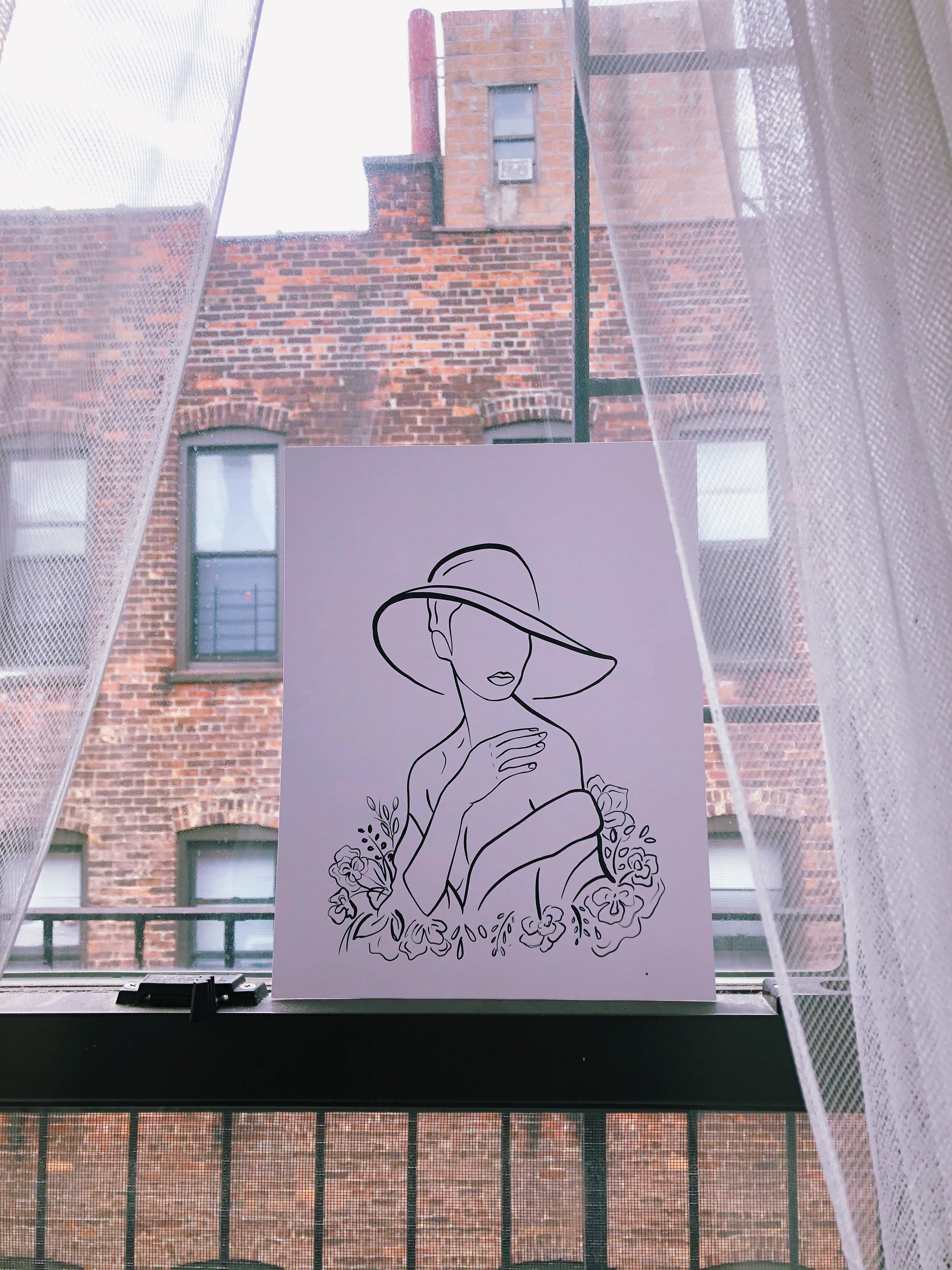 Line Drawing of Woman With Flowers and Floppy Hat - Etsy