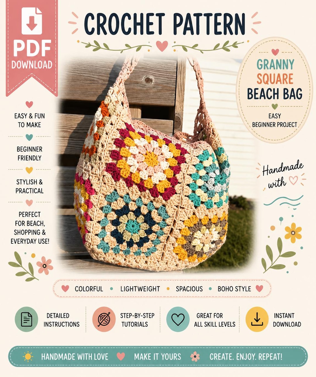 Granny Square Crochet Bag Pattern PDF, Crochet Tote Bag Pattern, Boho ...
