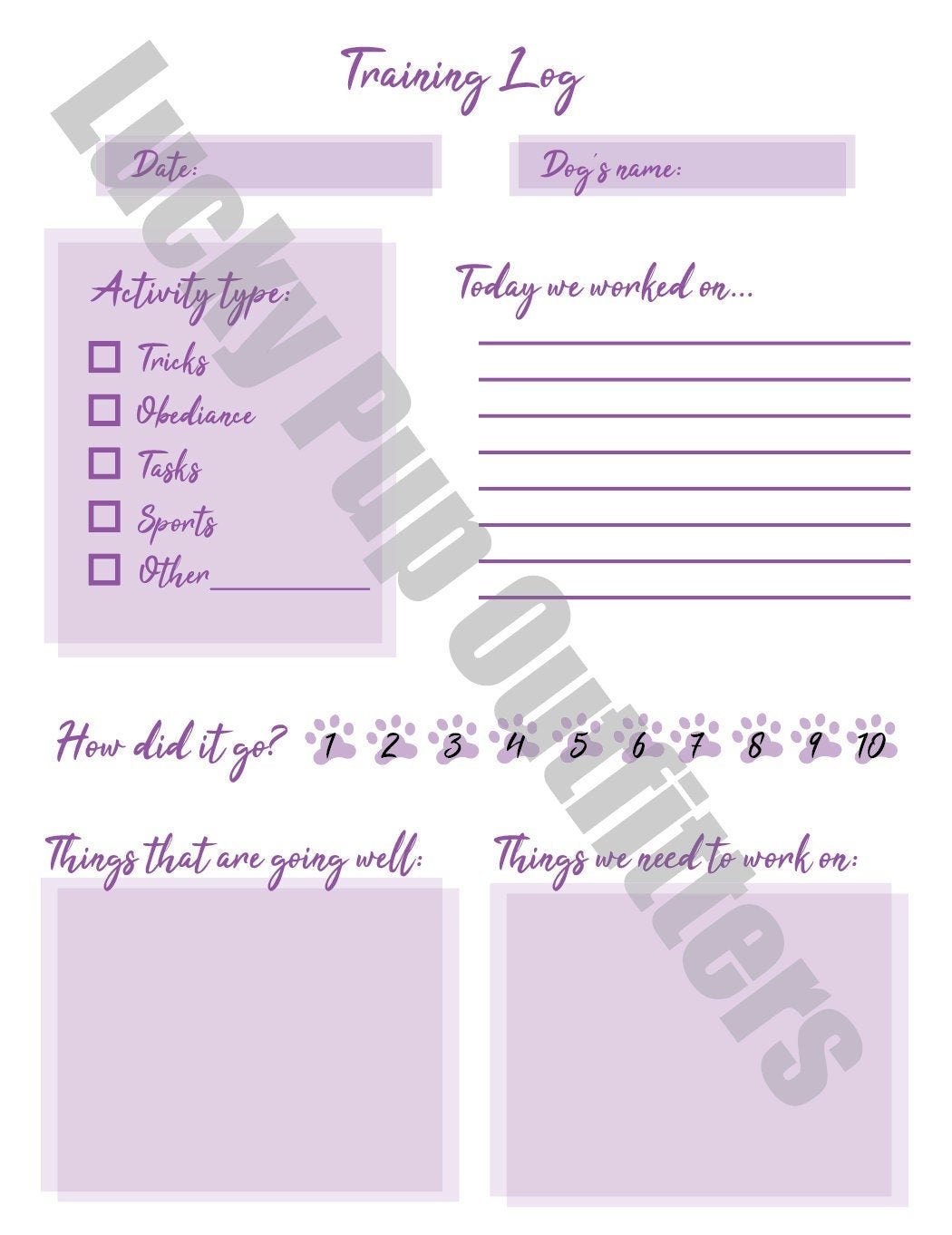 Dog Printable Training Log Purple - Puppy Service Dog Trainer Tool ...