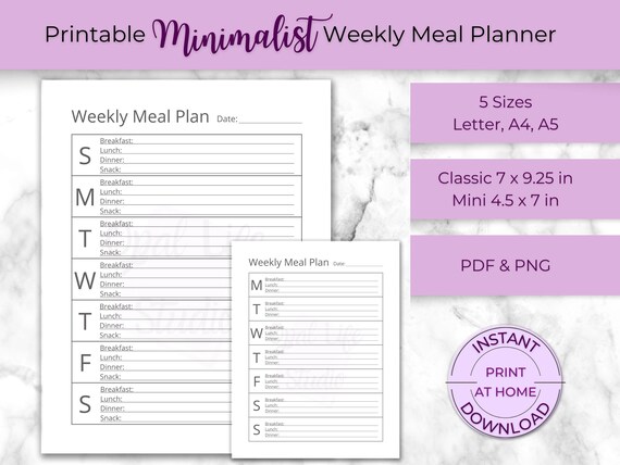 Minimalist Weekly Meal Planner Printable Meal Prep Menu Plan | Etsy
