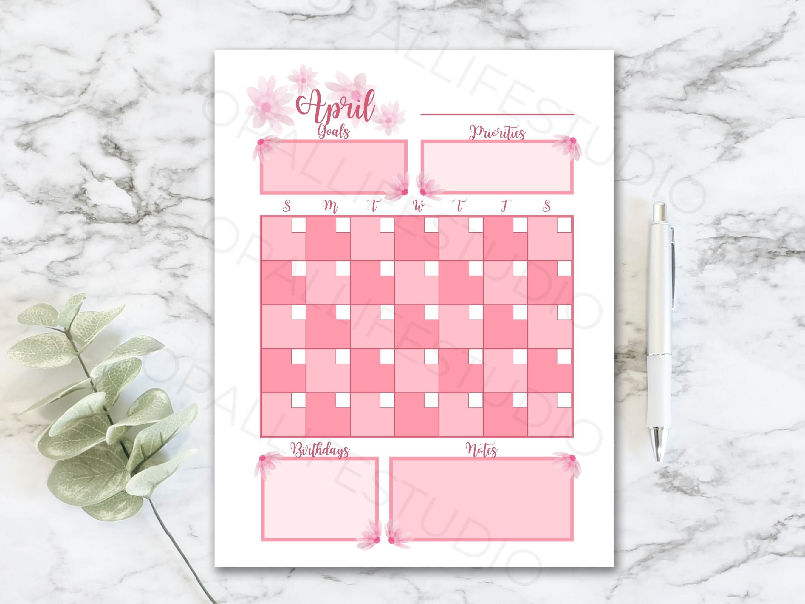 Printable Month at a Glance Monthly Calendar- Pink Passion Layout 1 ...