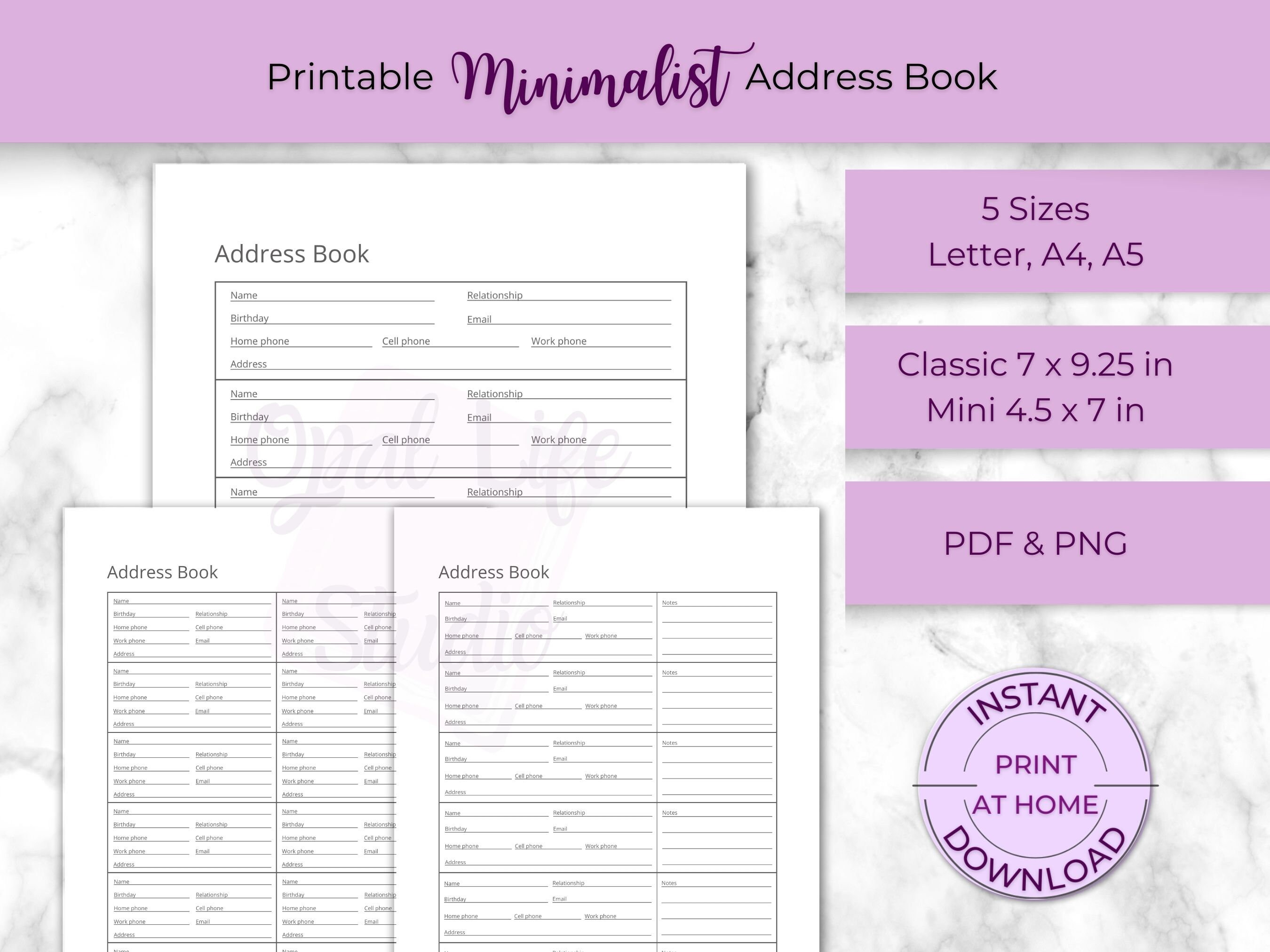 Minimalist Address Book Printable | Contact List Planner Inserts | PDF ...