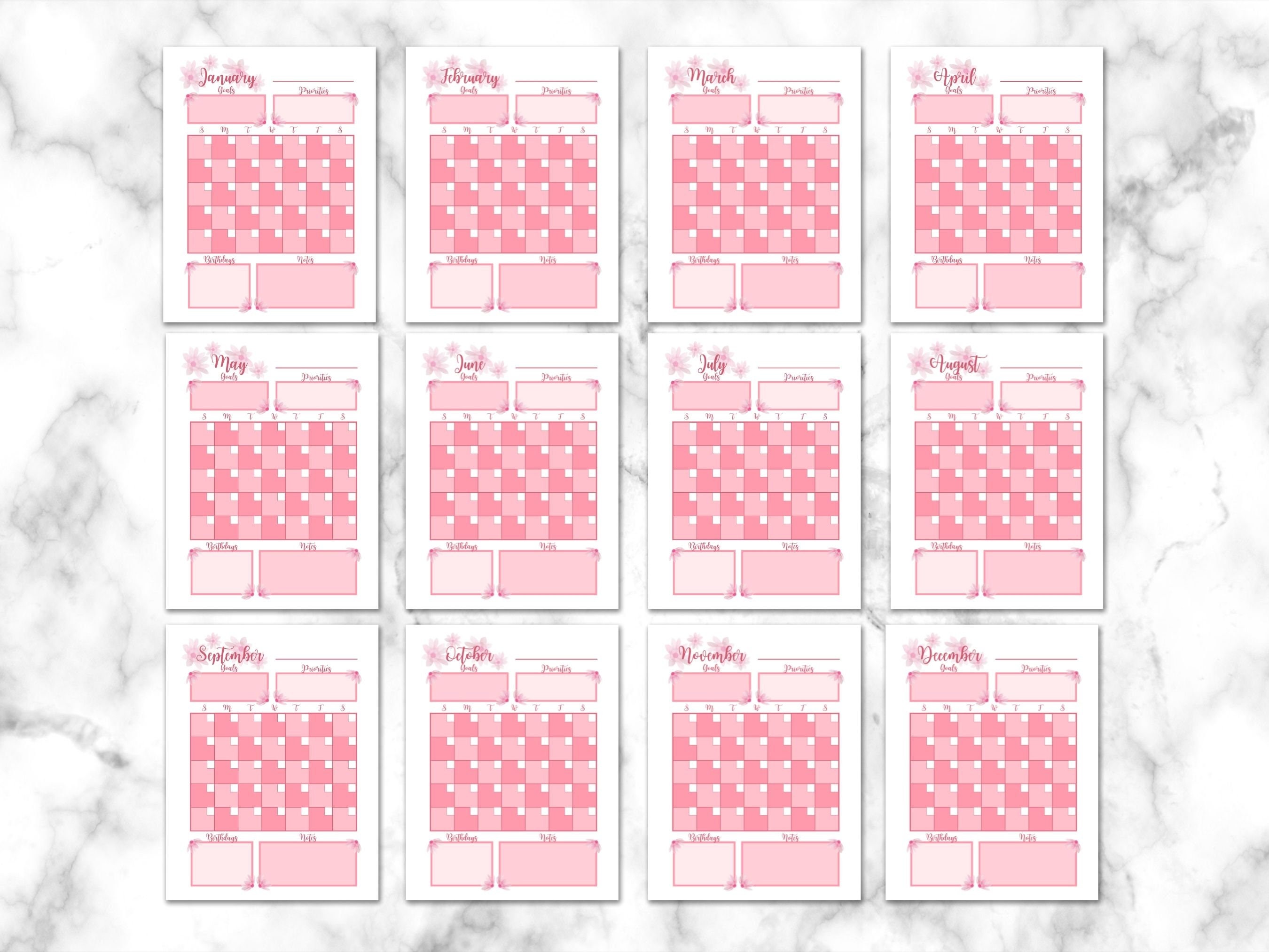 Printable Month at a Glance Monthly Calendar- Pink Passion Layout 1 ...