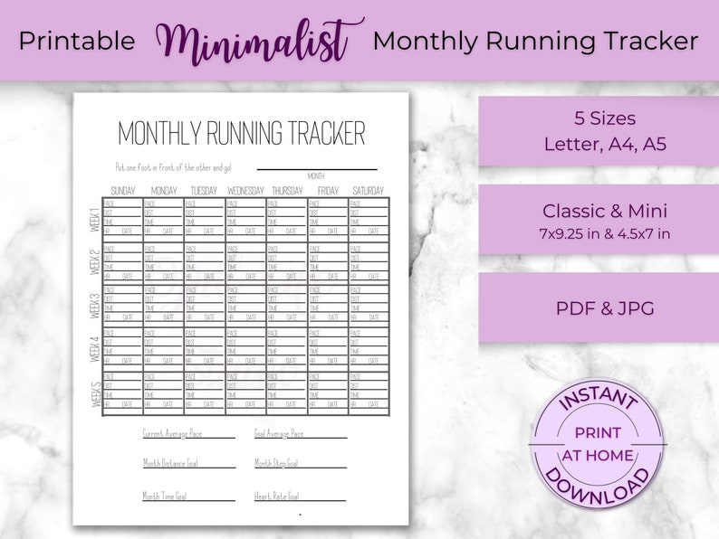 Printable Monthly Running Tracker - Minimalist | Run Planner / Log ...