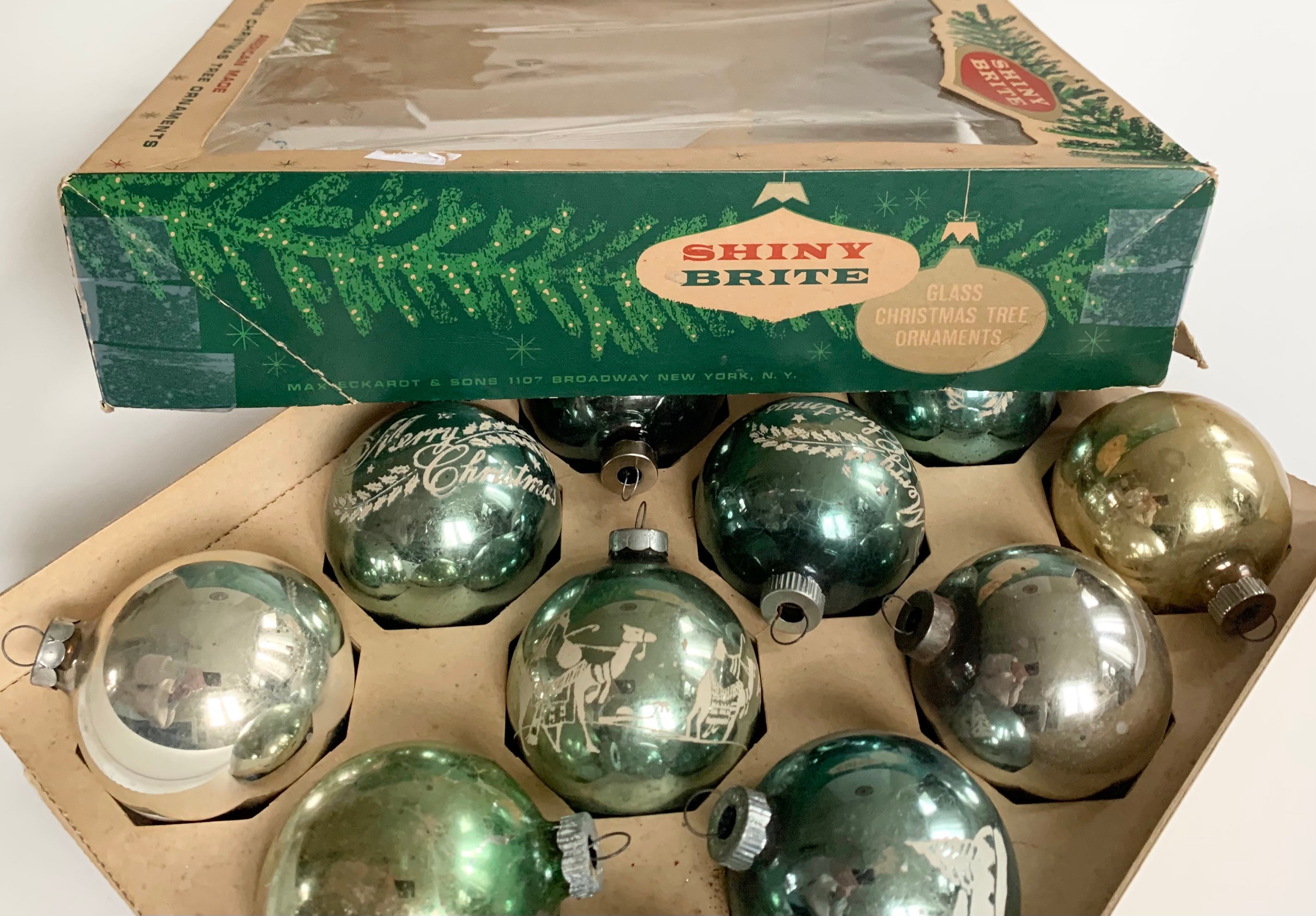 Shiny Brite Christmas Ornaments Glass Bulbs Lot of 12 in Box Blue Aqua ...