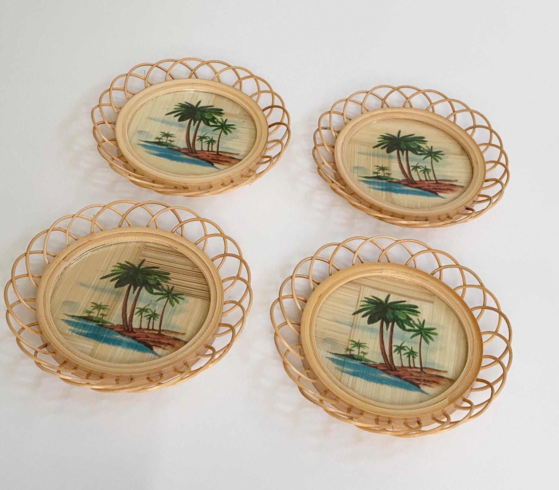 Boho Wicker Coaster Set of 4 Coasters Vintage 70s Bohemian Cocktail ...
