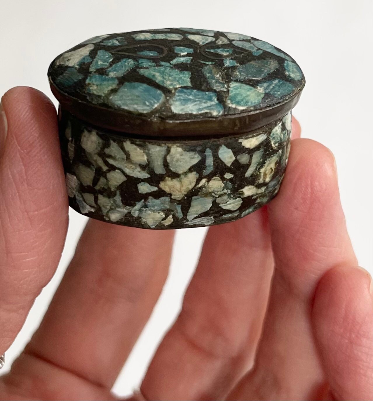 Antique Indian Snuff Box Brass with Turquoise Chip Inlay Very Old ...