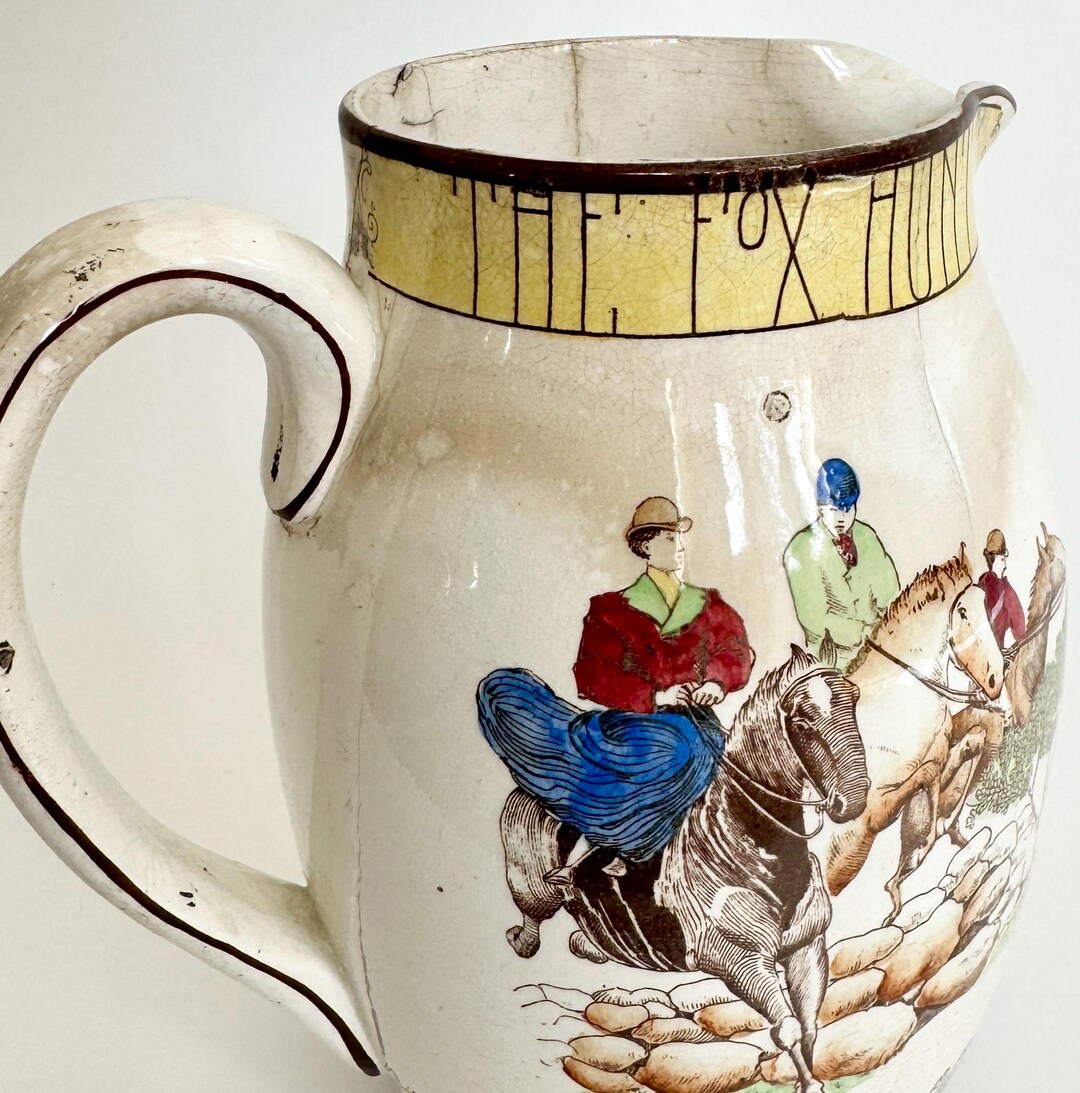 1907 Buffalo Pottery Pitcher Antique the Fox Hunt the Whirl of the Town ...